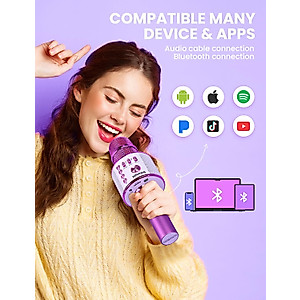 BONAOK Wireless Bluetooth Karaoke Microphone, Portable Toy Microphone for Singing, Gifts to Girls Boys Kids Adults All Age Q37（Bright Purple）
