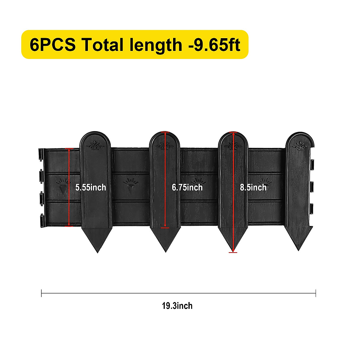 AUKAR No-Dig Landscape Edging, 5.5 inch Tall Decorative Plastic Edging Fence Garden Border, 9.65ft, 6pcs, Black