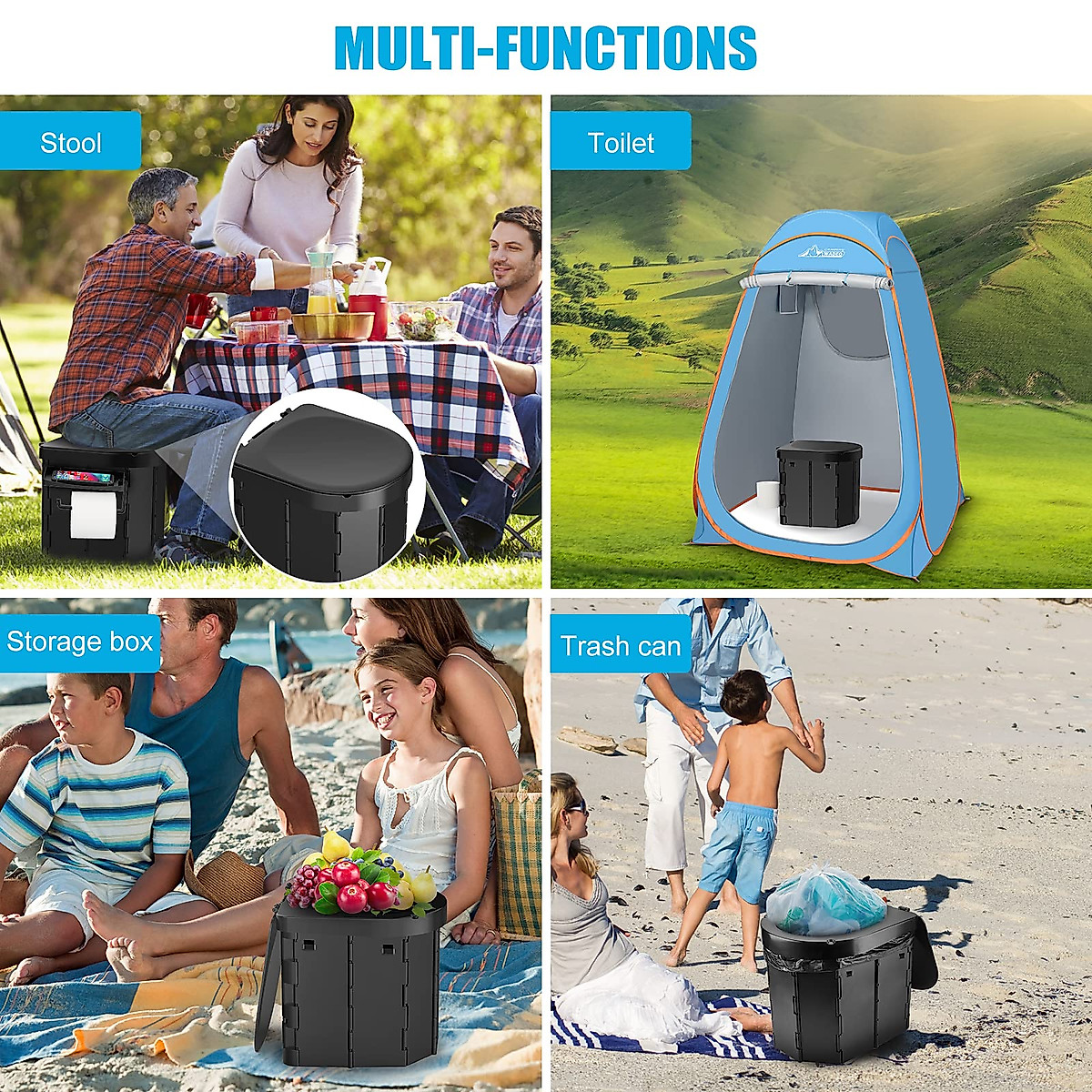PAHTTO Portable Camping Toilet, Foldable Toilet for Adults with Detachable Phone Shelf and Toilet Paper Holder, Waterproof Porta Potty with Lid for Camping, Hiking, RV Travel, Road Trips, Car