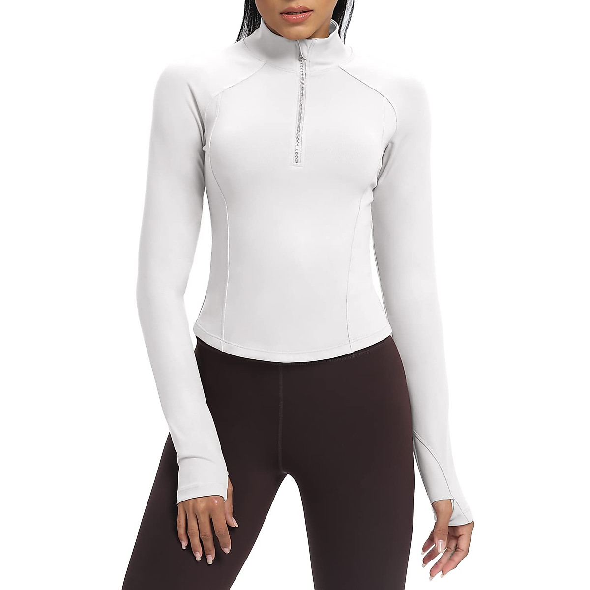 AVGO Workout Jackets for Women Slim Fit Cropped Running Jackets with Thumb Holes Half Zip Athletic Tops（White ，X-Small）