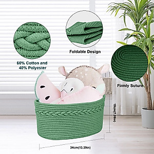 SavStor Small Storage Basket Rope Woven Cotton Basket for Organizing Household Purposes, Decorative Basket for Nursery Living Room Shelves Closet, Oval, 13 x 8.6 x 7.1in, Green, 3 Packs