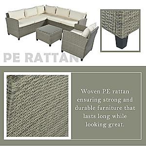 Merax 5 Piece Patio Furniture Set Outdoor Conversation PE Wicker Rattan Sectional Sofa, Coffee Table and Single Chair, Beige