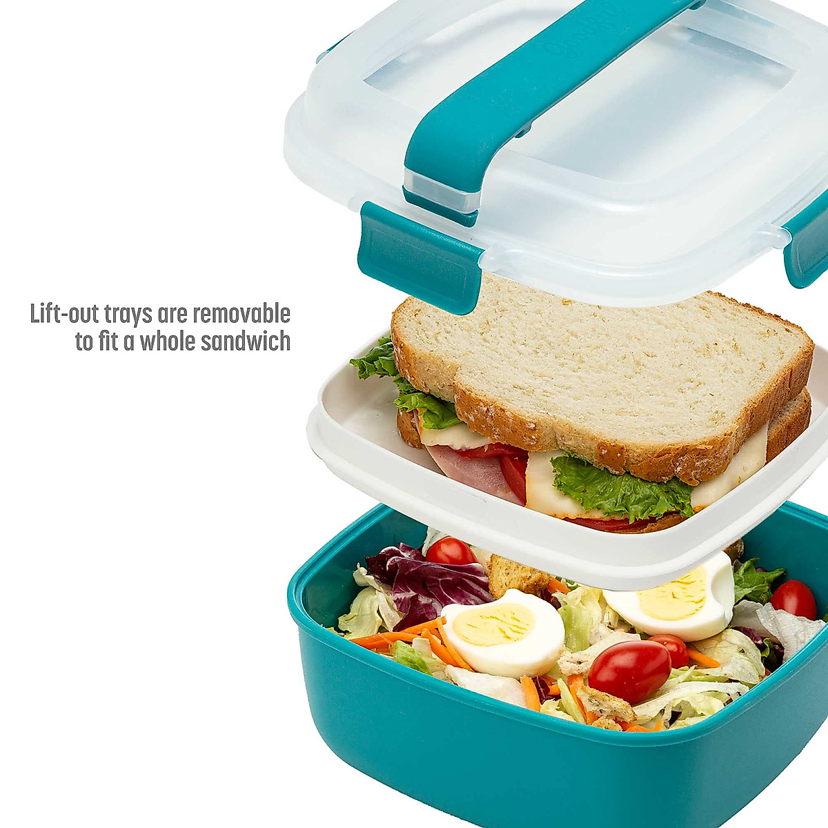 Goodful Stackable Lunch Box Container, Bento Style Food Storage with Removeable Compartments for Sandwich, Snacks, Toppings & Dressing, Leak-Proof and Made without BPA, 56-Ounce, Teal
