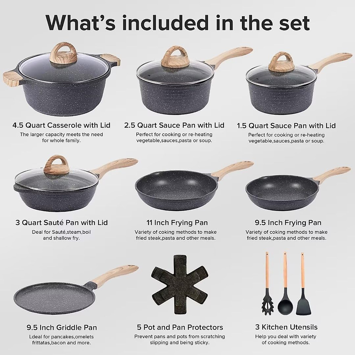 JEETEE Pots and Pans Set Non Stick Induction Cookware Sets, 19 Pcs w/Frying Pan, Saucepan, Sauté Pan, Griddle Pan, PFOA Free
