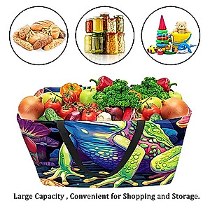 Reusable Grocery Bags Boxes Storage Basket, Red Eye Frog Pattern Collapsible Utility Tote Bags with Long Handle