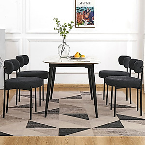 EDWELL Black Boucle Dining Chairs Set of 4, Mid Century Modern Dining Room Chairs with 3.94“ Cushions, Round Upholstered Kitchen Chairs with Black Metal Legs for Dining Chair, Living Room