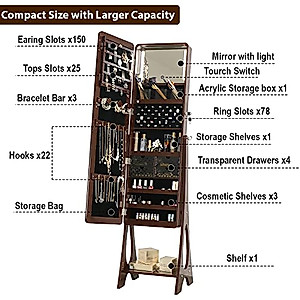 MASMIRE Standing jewelry Armoire organizer,Full Length mirror with storage (Brown, 63 * 14.5)