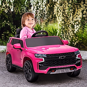 Aosom Chevrolet Tahoe Licensed Kids Ride on Car, 12V Battery Powered Kids Electric Car with Remote Control, 4-Wheeler Suspension, Music, Lights, Horn, for Ages 3-6 Years Old, Pink