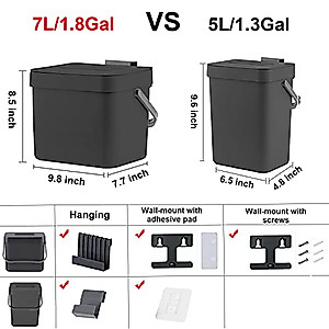 Kitchen Trash Can with Lid, LALASTAR Wall-Mounted Under Sink Small Garbage Can for Kitchen, Bathroom, Compost Bin Countertop, Cabinet Trash Can Hanging, 1.8 Gallon, (Black, 7L)