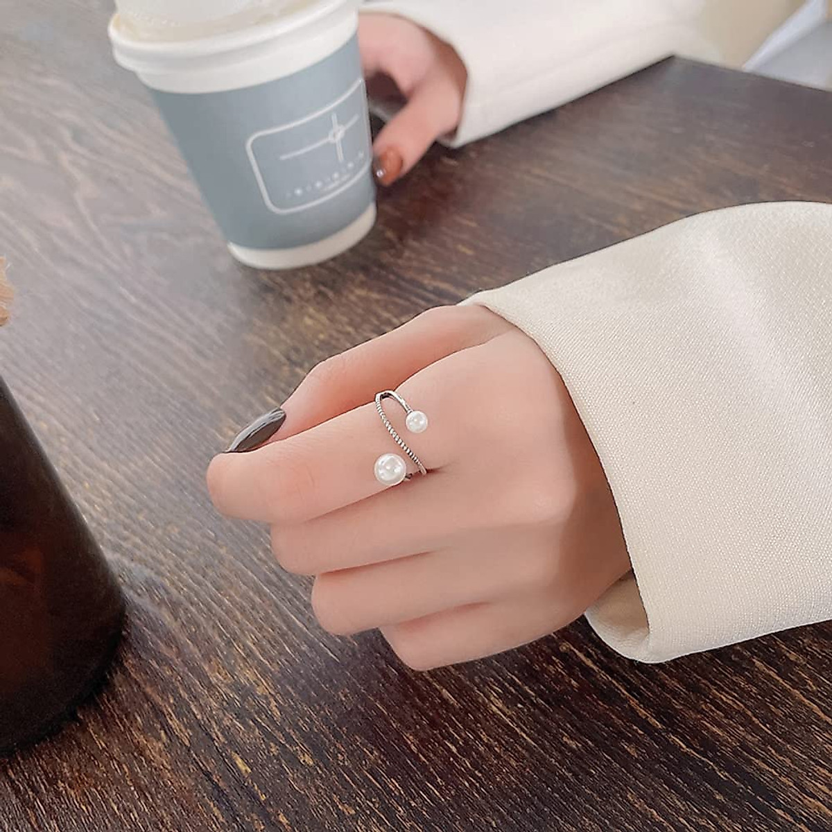 Elegant Double Pearls Open Stacking Rings Sterling Silver 925 Vintage Layered Statement Ring Antique Engagement Wedding Ring Thin Finger Band Toe Ring Fashion Jewelry Gifts for Women