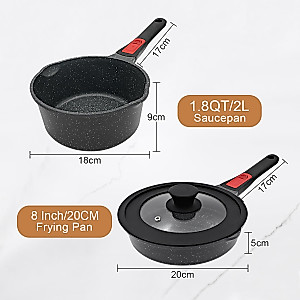 AIKENBBKK Nonstick Pot and Pan Set with Removeable Handle, Granite Coating 8 inch Frying Pan & 1.8 QT Saucepan with Lid, Oven& Dishwasher Safe (Black, 4pcs Sets)