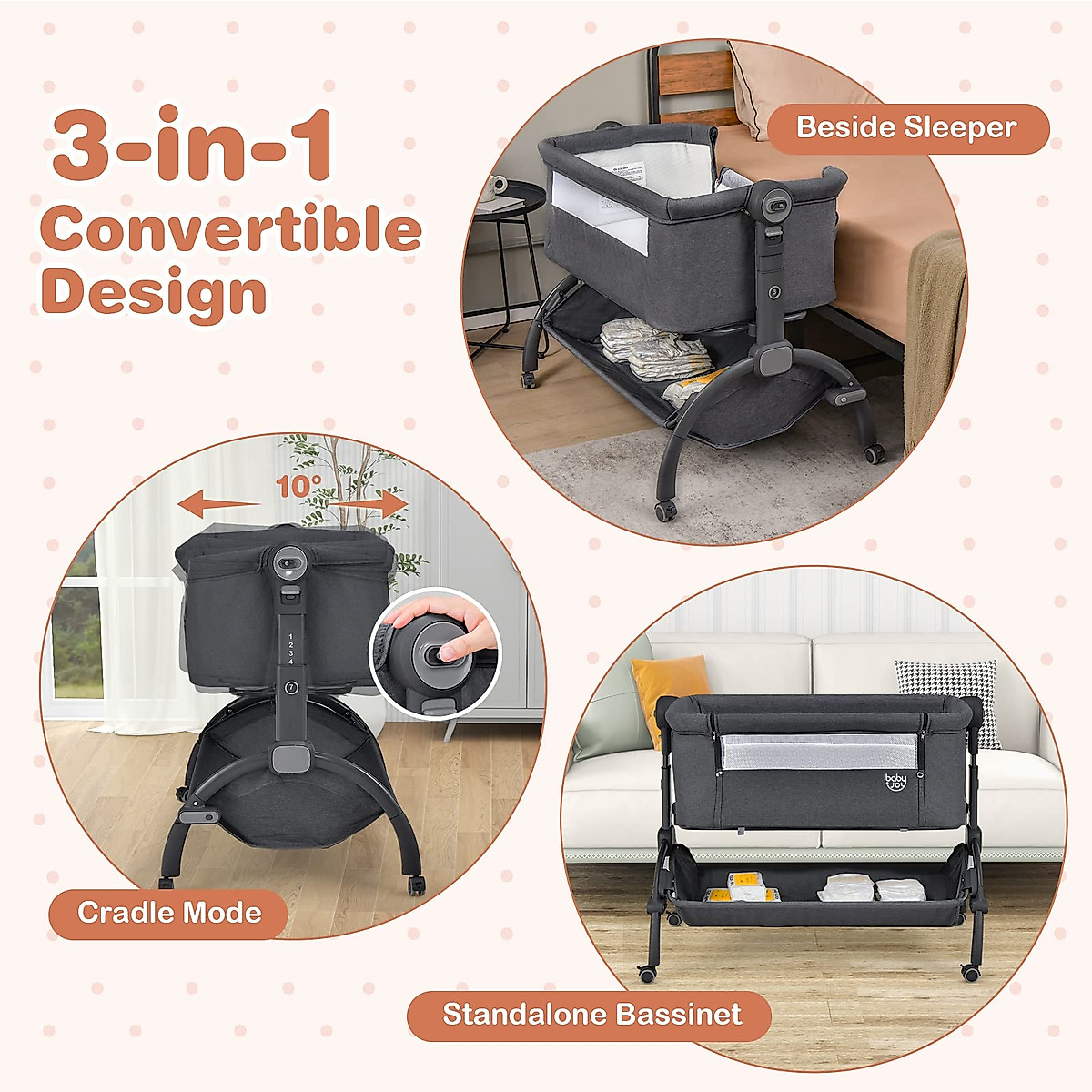 BABY JOY Baby Bassinet, 3-in-1 Rocking Bassinet w/Storage Basket, Double-Lock Design, 7 Adjustable Heights, Soft Mattress & Portable Travel Bag, Bassinet Bedside Sleeper for Newborns Infants (Gray)