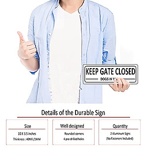 Keep Gate Closed Sign Dogs, (2 Pack) Metal Close Gate behind You Sign, 10" x 3.5" Dog in Yard Signs for Fence, Aluminum Keep Gate Shut Sign, Lock Gate Sign