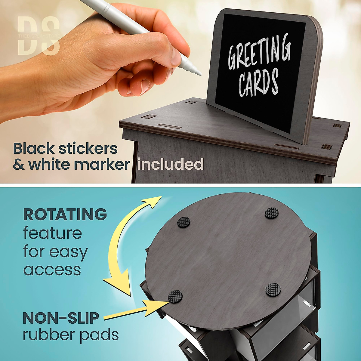 DS THE DISPLAY STORE Black 3 Tier Wooden Rotating Greeting Card Retail Display Stand, Sticker Display Card Stand, Rotating Display Stand & Sticker Holder, Retail Counter Vendor Display