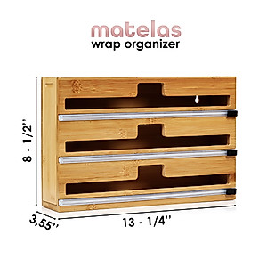 3 in 1 Bamboo Wrap Dispenser with Cutter and Labels, Wax Paper, Foil and Plastic Wrap Organizer Dispenser for Kitchen Drawer or Wall Mounted, Roll Holder, Compatible with 12" Roll [matelas]