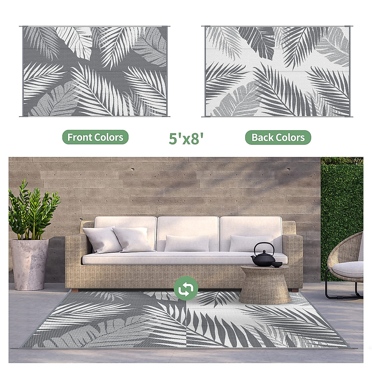 GENIMO Outdoor Rug 5' x 8' Waterproof for Patios Clearance, Reversible Plastic Straw Camping Carpet, Large Area Rugs Mats for RV, Picnic, Backyard, Deck, Balcony, Porch, Beach, Grey&White