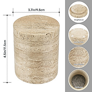 N NANSHOP Bathroom Qtip Holder Dispenser with Lid, Marble Vanity Cotton Ball Holder for Cotton Swab Ball Makeup Sponge Mat Bath Salt, Made of Real Marble, Beige White Travertine(NS019)