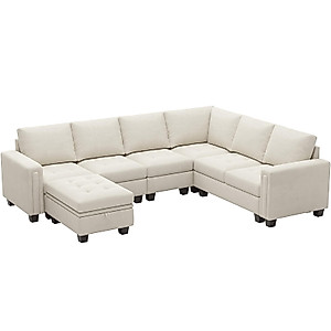Belffin Velvet Modular Sectional Sofa with Storage Ottoman 6 Seater L Shaped Sectional Modular Sofa Couch with Reversible Chaise Convertible Corner Sectional Couch Beige