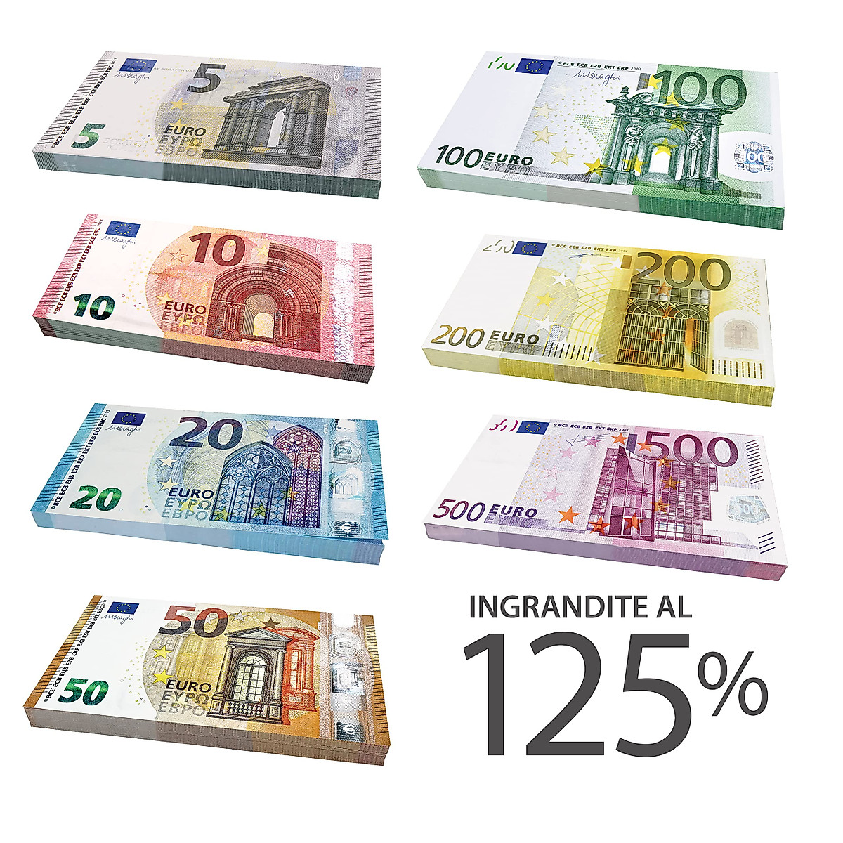 Scratch Cash Bundle Money to Play (Size Increased to 125% Compared to The Real Ones) 175 Banknotes - 7 Stacks of Euro 25 x € 5, 10, 20, 50, 100, 200 and 500