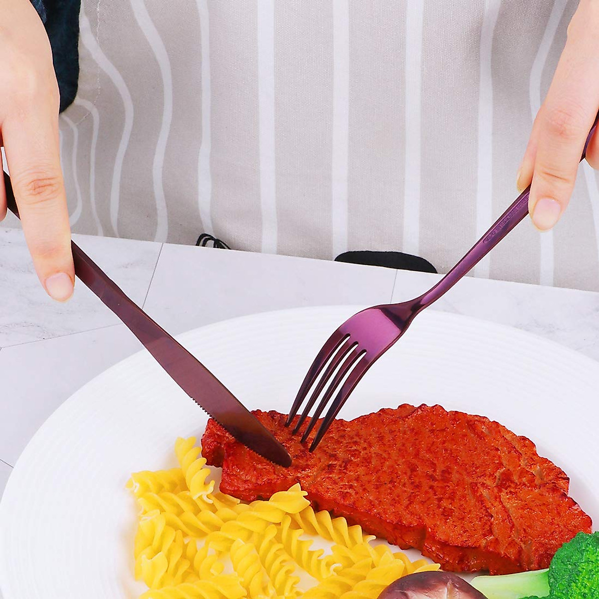 Purple Silverware Set, BuyGo 24-Piece Stainless Steel Camping Flatware Dinnerware Set for 6, Hand Polish, Dishwasher Safe