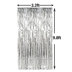 GOER 6.4 ft x 9.8 ft Metallic Tinsel Foil Fringe Curtains,Pack of 2 Party Streamer Backdrop for Birthday,Graduation Decorations and New Year Eve (Silver)
