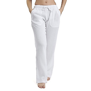 J CE Women's Cotton Gauze Low Waist Beach Pants with Pockets (White, XXXL)