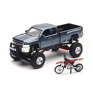 New-Ray Chevrolet 4x4 Gray Silverado Pickup Truck w/Working Suspension and Honda Dirt Bike