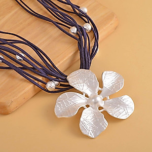 SHOP LC DELIVERING JOY Multi Strand Faux Leather Navy Platinum Plated Station Jasmine Flower Layered Pendant Necklace for Women Jewelry 18-20" Birthday Gifts for Women