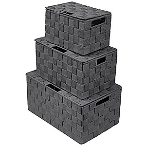 Sorbus Storage Box Woven Basket Bin Container Tote Cube Organizer Set Stackable Storage Basket Woven Strap Shelf Organizer Built-In Carry Handles (Lid Bins - 3 Pack, Gray)