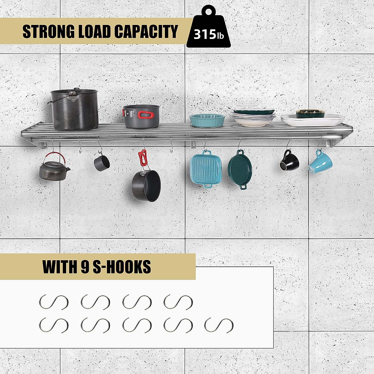 HALLY Stainless Steel Shelf Pot Rack with 9 S Hooks 12" x 62" Wall Mounted, NSF Commercial Floating Shelving for Storage Hanging Pots, Pans, cookware in Restaurant, Kitchen, Home and Hotel