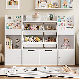 finetones 50'' Large Toy Storage Organizer with 4 Toy Bins, Toy Organizers and Storage with 6 Storage Cubbies and 2 Movable Drawers, Bookshelf for Kids, Playroom Organization and Storage Bins, White