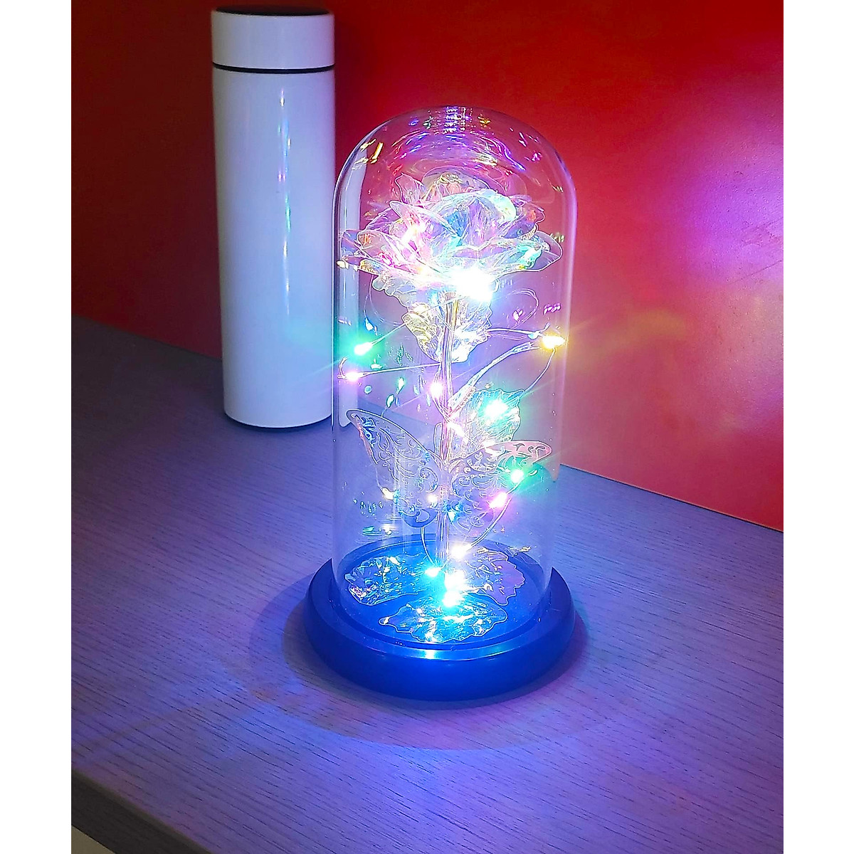 AUSAYE for Mom,Women's Gift Gold Butterfly Birthday Gifts Colorful Preserved Rose Gift Flower, Preserved Rose Flower in Glass Dome, Unique Gift for Her, Mom,Grandma