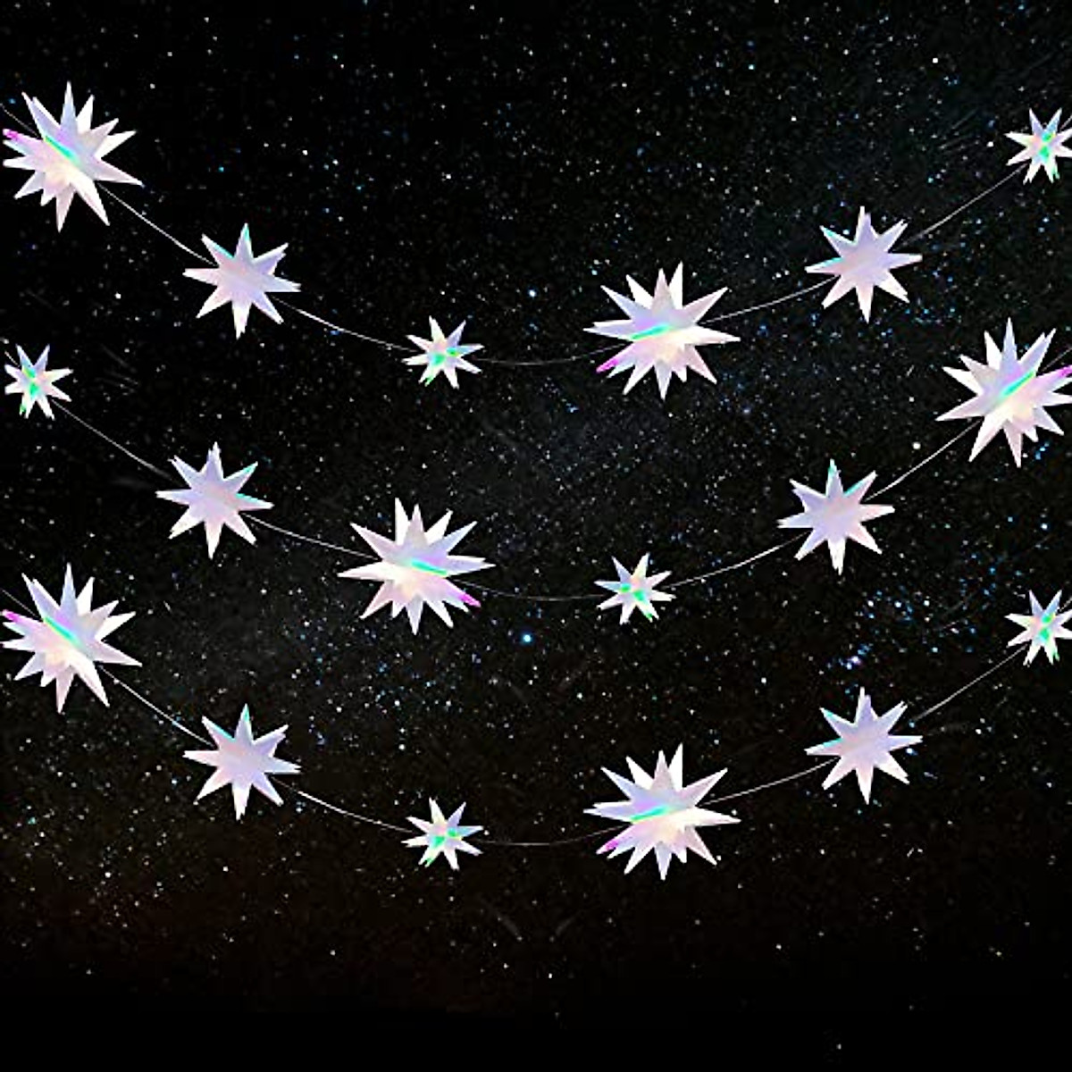 3D Star Disco Iridescent Silver Party Decorations Snowflake Garland, UNIIDECO Groovy Dance Euphoria Prom Party Twinkle Stars Decor, Iradescent Ceiling Hanging Bachelorette Graduation Supplies