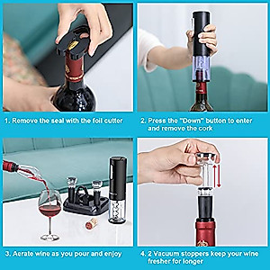 Electric Wine Opener with Charging Base, Moocoo Cordless Electric Wine Bottle Opener with 2-in-1 Aerator &Pourer, Foil Cutter, 2 Vacuum Preservation Stoppers, Display Charging Station for Easy Storage