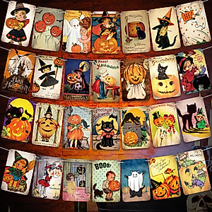 Maitys 4 Pieces Vintage Halloween Decorations Halloween Banner Hanging Trick or Treat Banner Pumpkin Witch Cat Holiday Bunting Garland Flag for Retro Halloween Party Wall Decor Supply