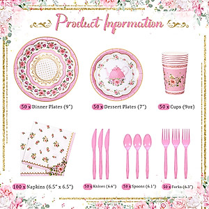 400 Pcs Tea Party Plates and Cups and Napkins Sets Flower Plates and Napkins Party Supplies Tea Party Decorations Disposable Dinnerware Set for Birthday, Baby Shower, Wedding, Bridal Shower