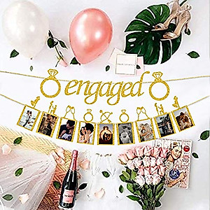 Engagement Wedding Decorations, Gold Engaged Banner and Photo Banner with Romantic Memories Picture Card Frames for Engaged / Wedding / Anniversary / Valentines Day Party