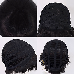 ANOGOL Hair Cap + Short Black Bowl Cut Wig Men with Bangs Mushroom Wigs 60s Wig Mens Funny Wigs for Movie Halloween Cosplay Costume Party