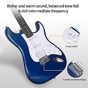 ADM Electric Guitar Beginner Kit 39 Inch Full Size Guitar Package with Amplifier, Bag, Strap, String, Tuner, Cable and Picks, Blue