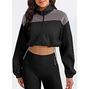 Herseas Women's Black Color Block Fleece Short Workout Jacket Warm Winter Long Sleeve Full Zip Stand Collar Fashion Sherpa Crop Coat Small 4 6
