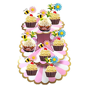 BRTOPMY 3 Tier Cupcake Stand with Candyland Lollipop Cupcake Stand Tower Stand for Weddings Baby Showers Birthday Parties Thanksgiving Cupcake Party Decorations Pink