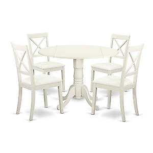 East West Furniture DLBO5-LWH-LC 5 Piece Dining Room Furniture Set Includes a Round Kitchen Table with Dropleaf and 4 Faux Leather Upholstered Dining Chairs, 42x42 Inch, Linen White
