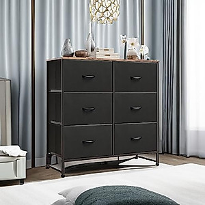 WLIVE Fabric Dresser for Bedroom, 6 Drawer Double Dresser, Storage Tower with Fabric Bins, Chest of Drawers for Closet, Living Room, Hallway, Black and Rustic Brown