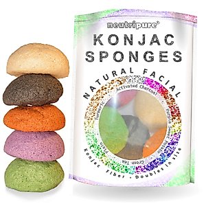 Konjac Sponge Set: Organic Skincare Facial for Natural Exfoliating and Deep Pore Cleansing 5 Piece Sampler Pack Infused with Charcoal, Turmeric, Green Tea