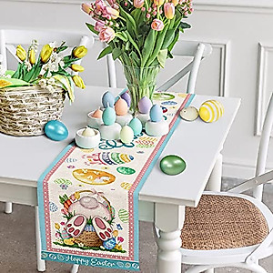 pinata Easter Table Runner, Happy Easter Table Runner 72 Inch, Burlap Bunny Dresser Scarves for Kitchen, Small Rabbits Egg Linen Table Cloth for Holiday, Seasonal Spring Table Decor for Dinning Room