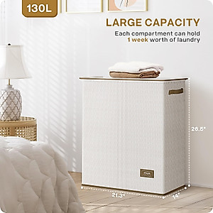SOLEDI Double Laundry Hamper with Lid 34 Gal (130L) Water-resistant, High-tenacity Material Collapsible Laundry Basket with 2 Removable Liner Bags - Large laundry hamper 2 Section