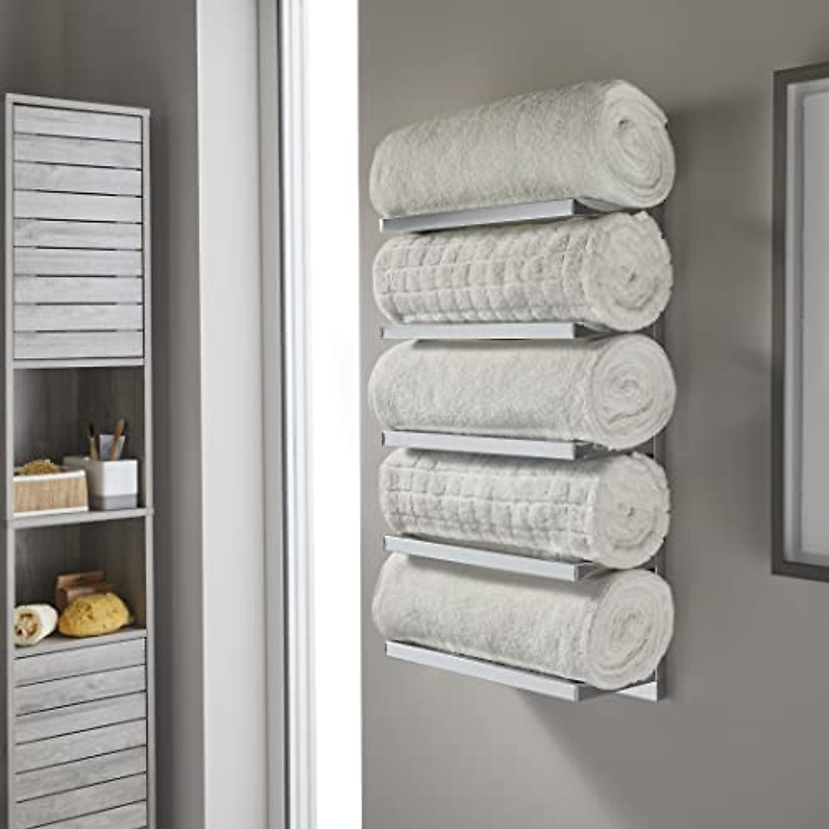 House & Homestyle Holder, Wall Mountable 5 Tier Hanging Towel Storage Rail/Rack for Bathroom, En Suite or Toilet, H 57cm x W 31cm x D 15cm, Chrome Silver