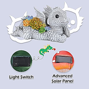 Ovewios Garden Dragon Statue Outdoor Decor, Dragon Garden Sculpture Waterproof Solar LED Lights Resin Succulent Decorations for Outside Lawn Patio Patio Yard Ornament Gifts