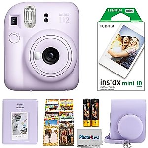FUJIFILM INSTAX Mini 12 Instant Film Camera (Lilac Purple) Bundle with Fuji Instax Instant Film Single Pack, 10 Prints | Protective Case Purple | Photo Album Purple | Travel Stickers (6 Items)