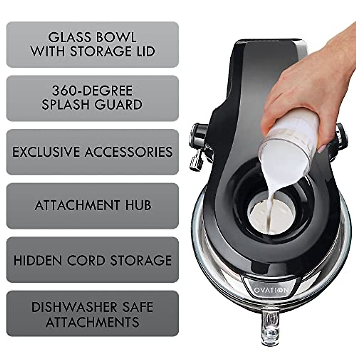 Kenmore Elite Ovation 5 Qt Stand Mixer, 500 Watts, with Revolutionary Pour-In Top, Tilt Head, Flat Beater, Whisk, Dough Hook, 360-degree Splash Guard, Glass Bowl, LED Light, Metallic Grey